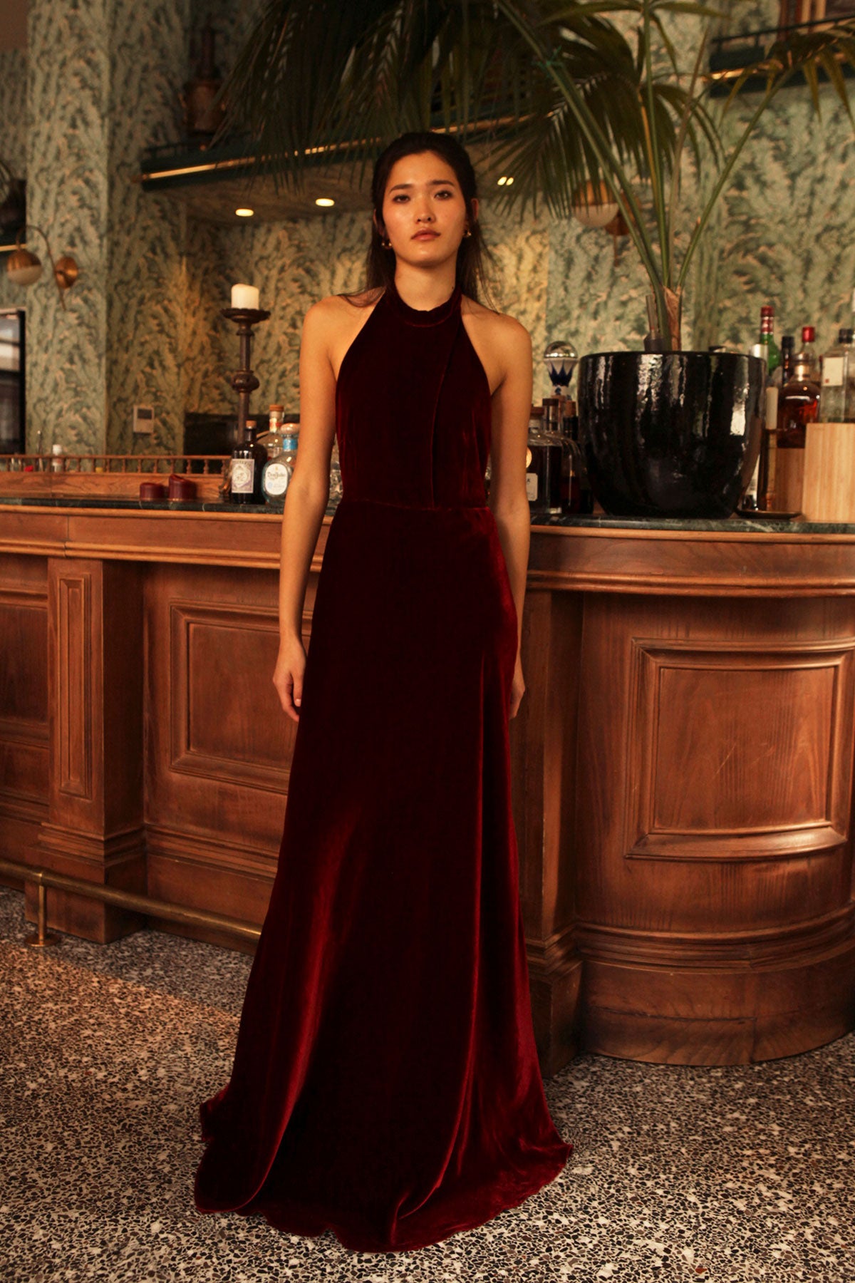 MERLOT Velvet Halterneck Maxi Dress